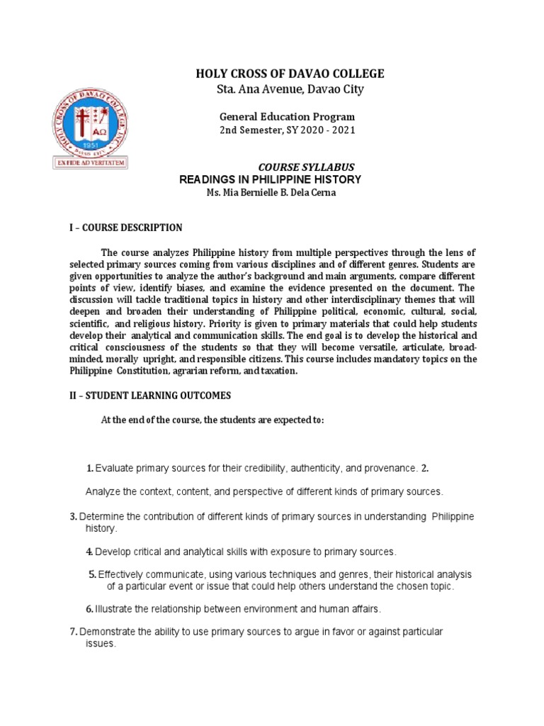 History Course Outlines | PDF | Primary Sources | Philippines