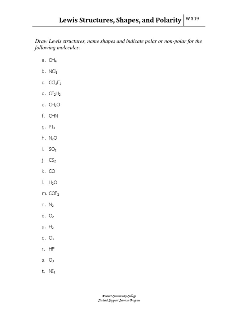 w319 Lewis Structures Shapes and Polarity | PDF | Chemical Polarity ...
