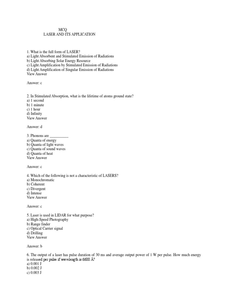Laser and Its Application MCQ | PDF | Laser | Photon