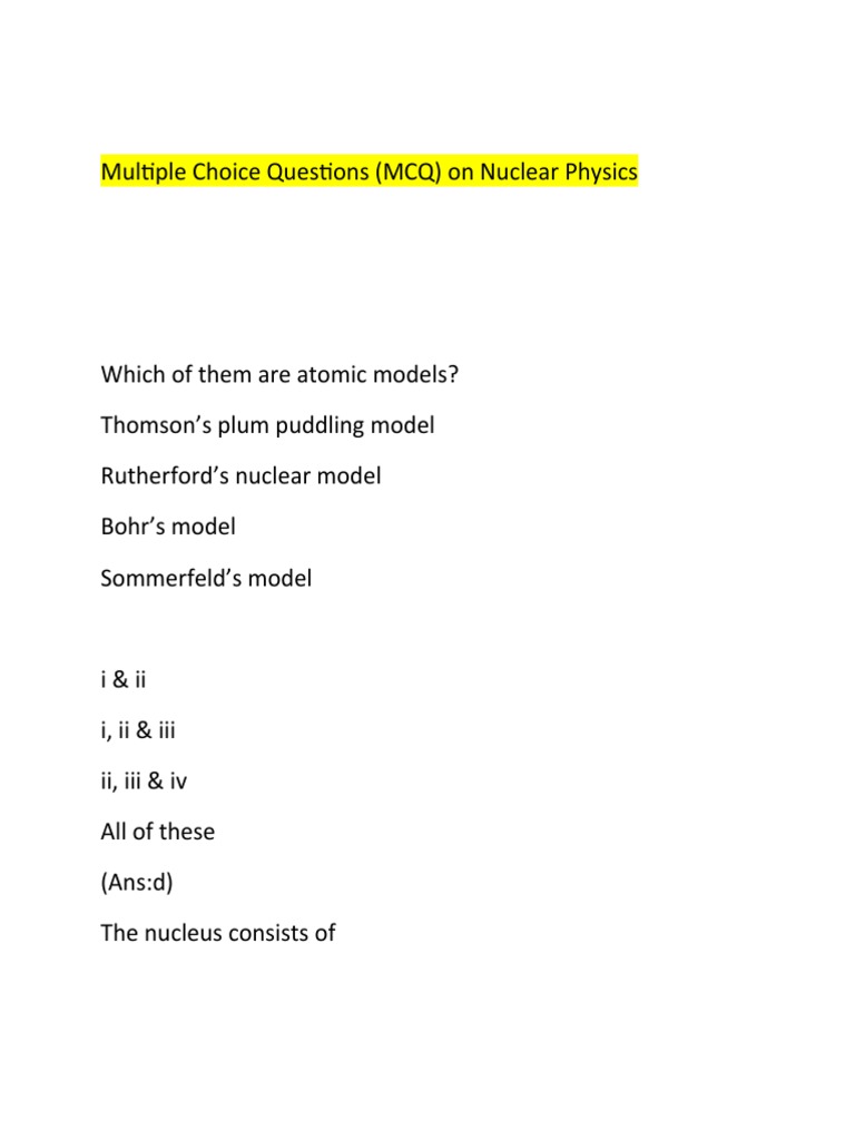 Multiple Choice Questions (MCQ) On Nuclear Physics | PDF | Neutron ...
