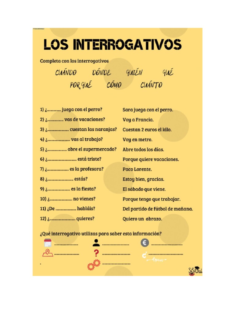 Hoja De Trabajo De Pronombres Interrogativos