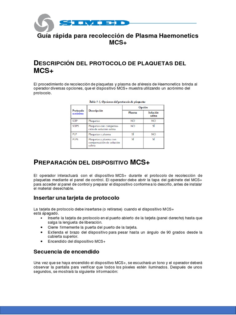 Guía Rápida para Recolección de Plasma Haemonetics MCS+ | PDF | Informática y tecnología de la ...