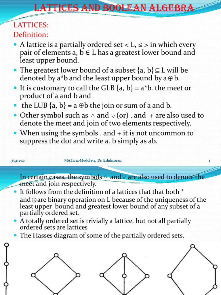 Lattices: Definition:: MAT1014-Module-4, Dr. Ezhilmaran 1 3/13/2017 ...