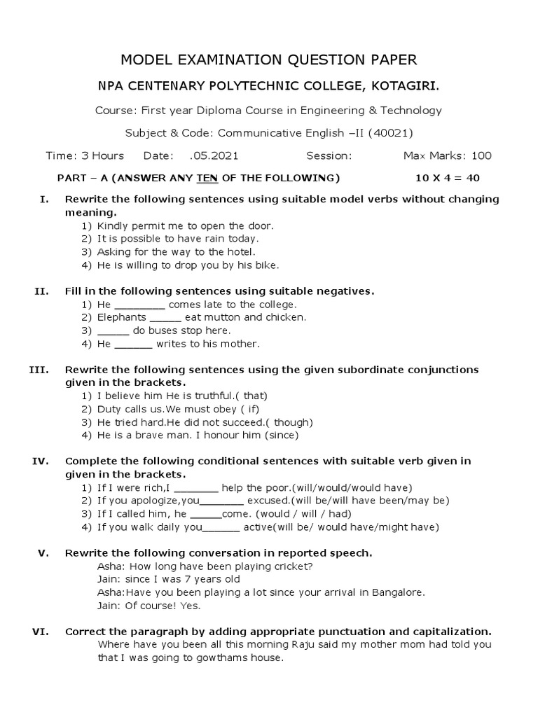 Model Examination Question Paper: Npa Centenary Polytechnic College ...