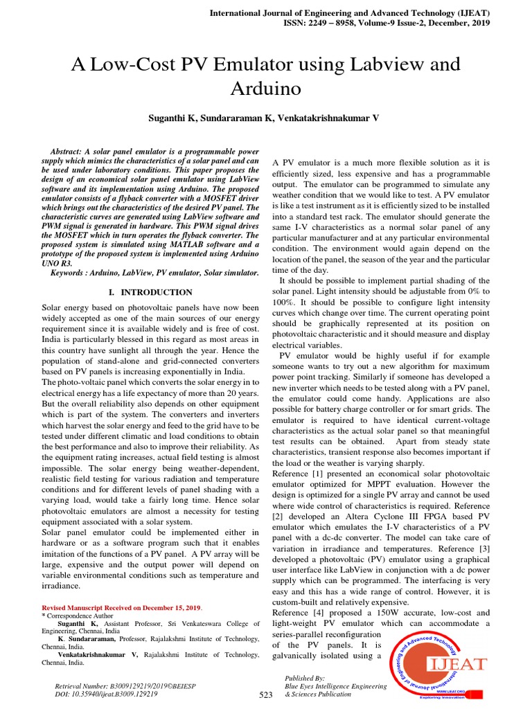 A Low-Cost PV Emulator Using Labview and Arduino: Suganthi K ...