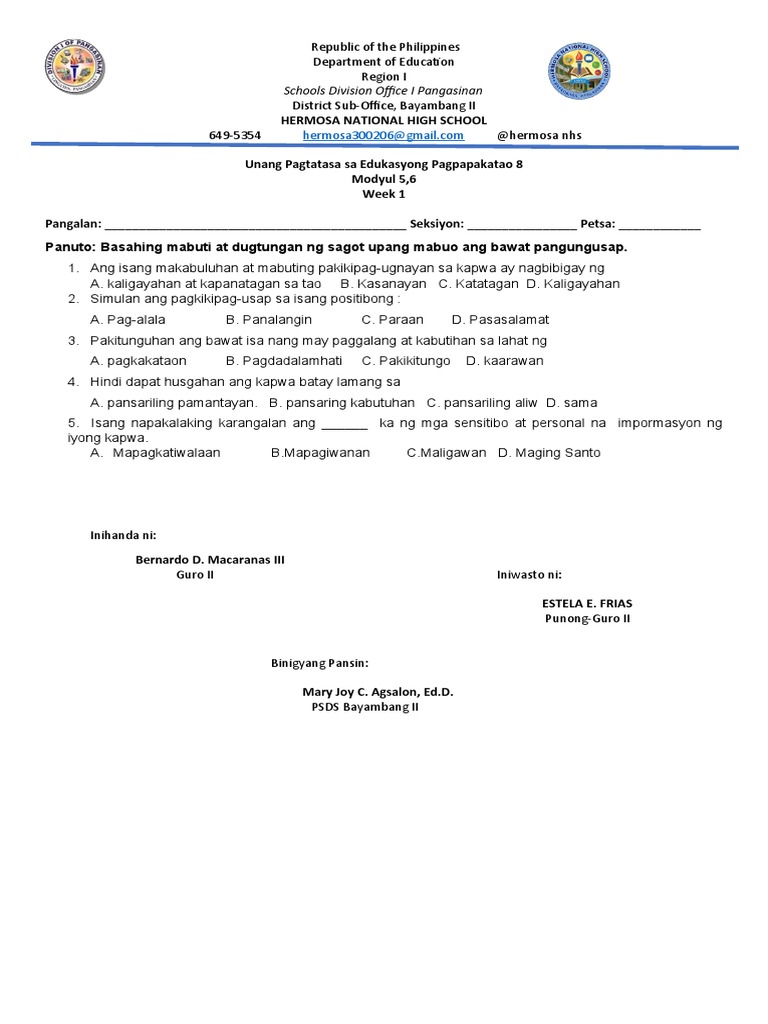 EsP Grade 9 Assessent | PDF