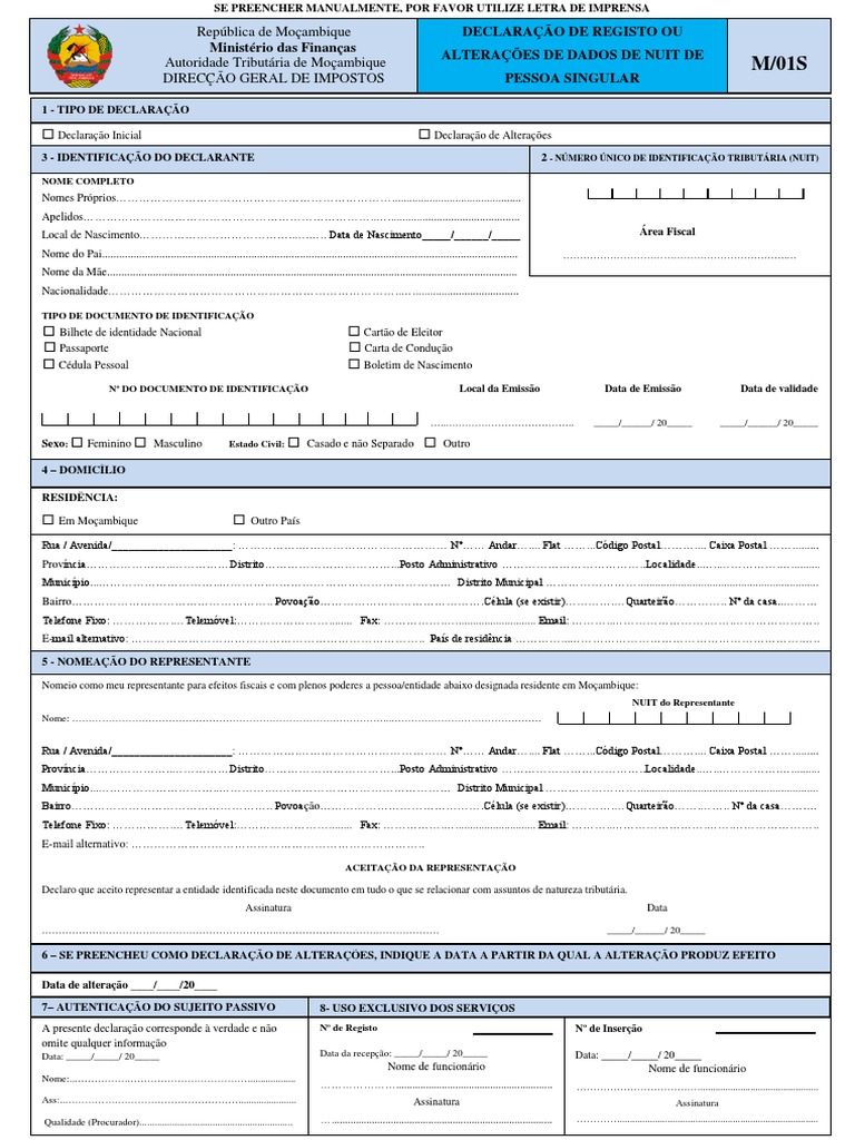Modelo 01 S - Declaração de Registo Ou Alteração de Dados de NUIT de ...