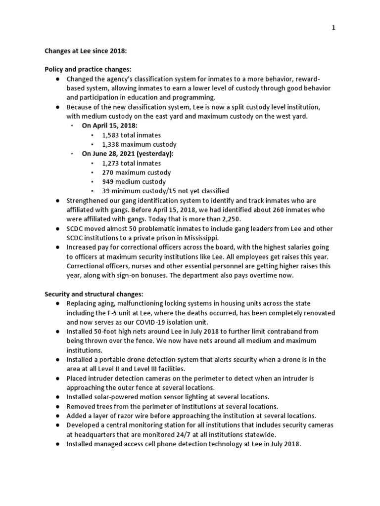 Changes at Lee Correctional Since 2018 | PDF | Prison | Law Enforcement