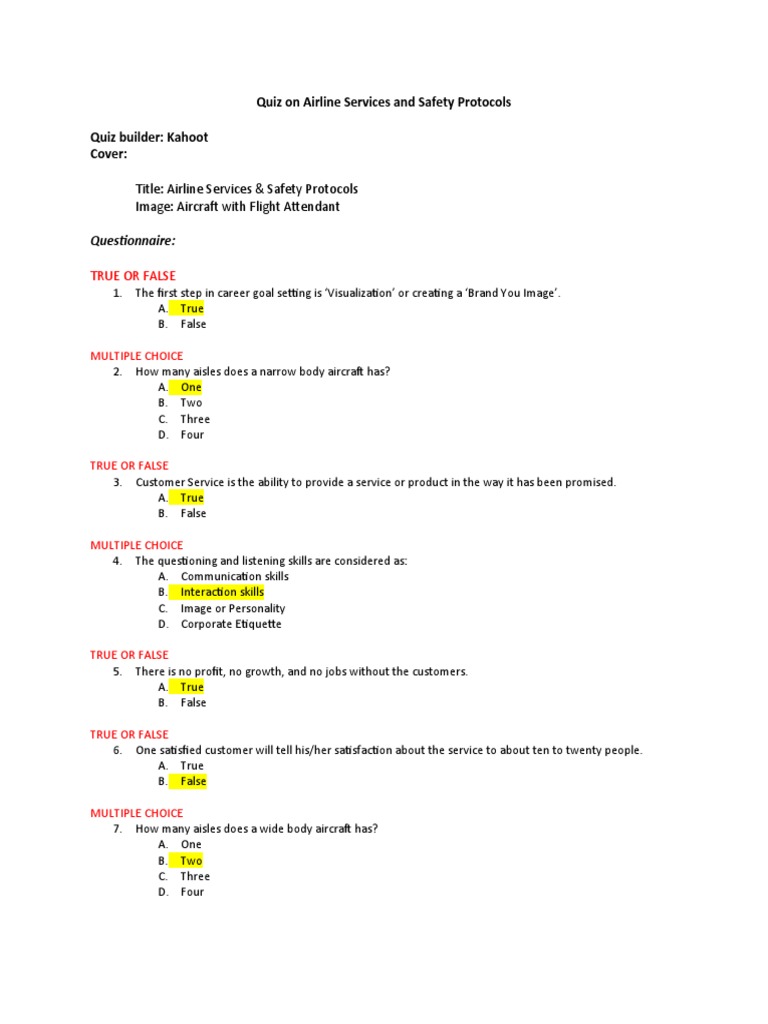 Quiz On Airline Services and Safety Protocols | PDF | Aviation | Transport