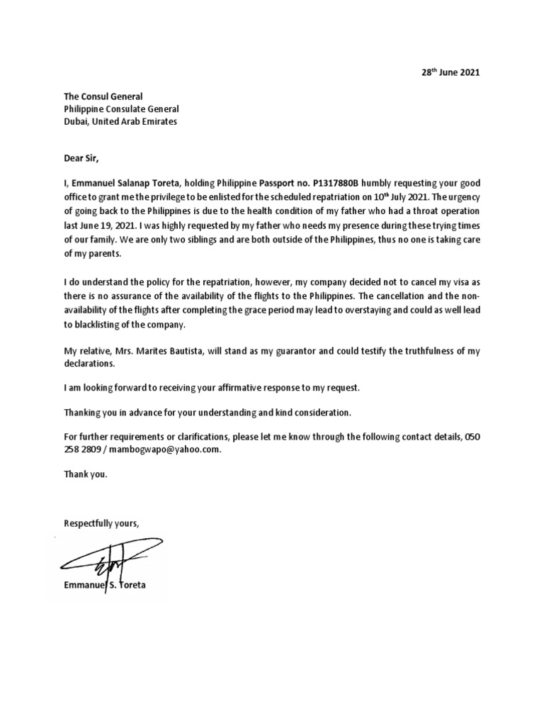 Repatriation Request - Emmanuel Toreta | PDF
