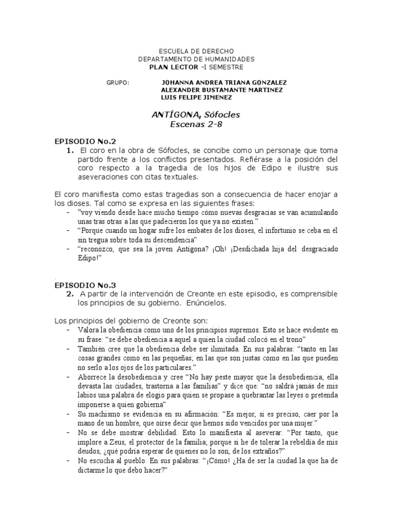 Antígona, Sófocles Escenas 2-8 GUIA SEGUNDO CORTE 2-2019 | PDF | Sófocles | Democracia