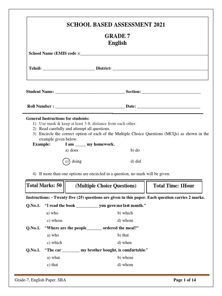 School Based Assessment 2021 Grade 7 English: (Multiple Choice ...