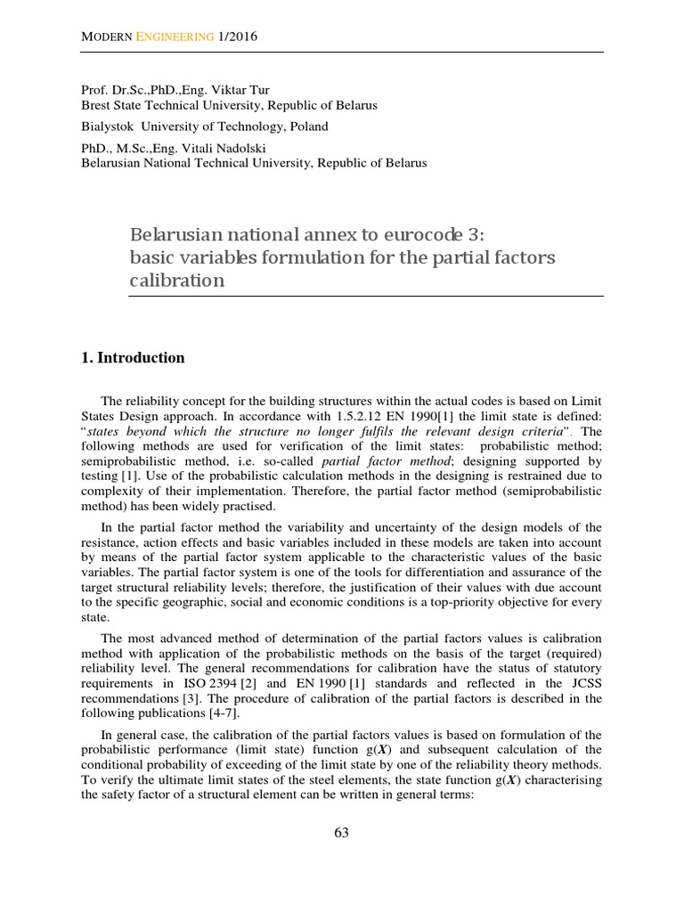 Belarusian National Annex To Eurocode 3 Basic Variables Formulation For The Partial Factors ...