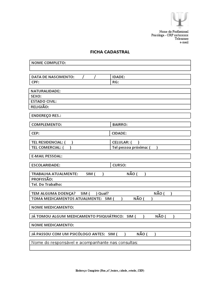 Modelo de Ficha Cadastral | PDF | Ciências comportamentais | Psicologia