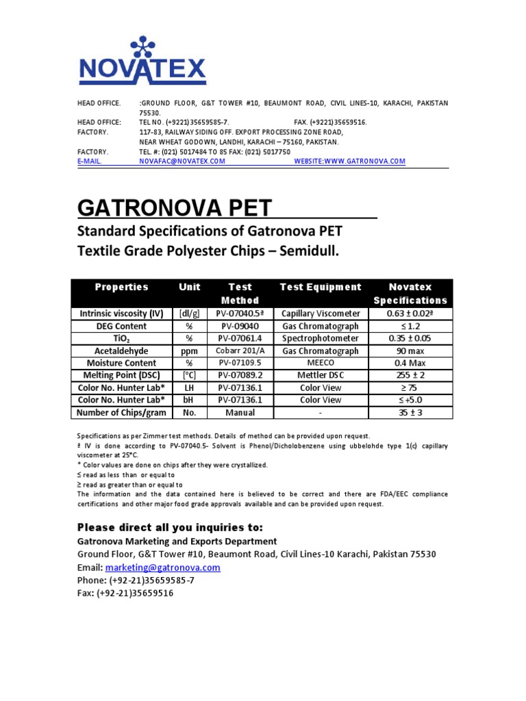 Standard Specifications and Properties of Gatronova PET Textile Grade ...