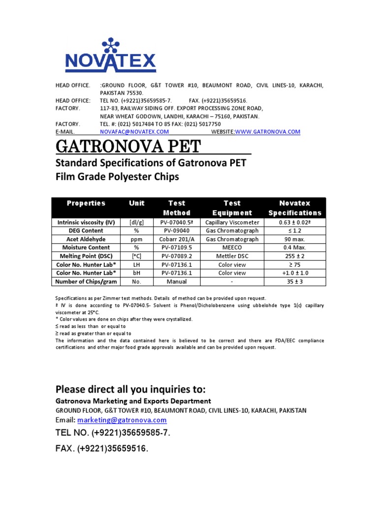 TDS Gatronova PET Film Grade Polyester Chips New | PDF