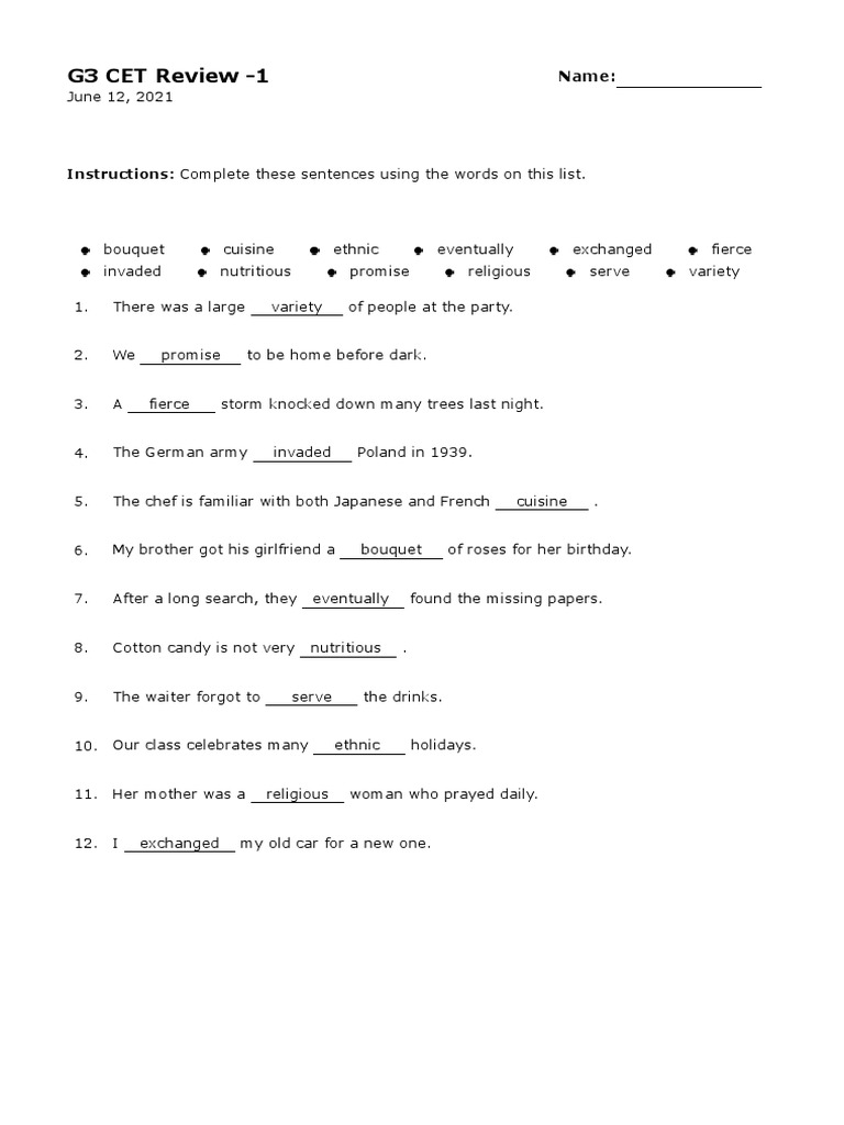 G3 CET Review - 1: Instructions: Complete These Sentences Using The ...