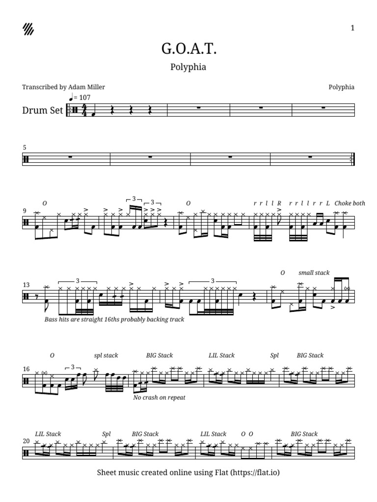 Polyphia - G.O.A.T. Drum Notation | PDF | Performing Arts | Sound