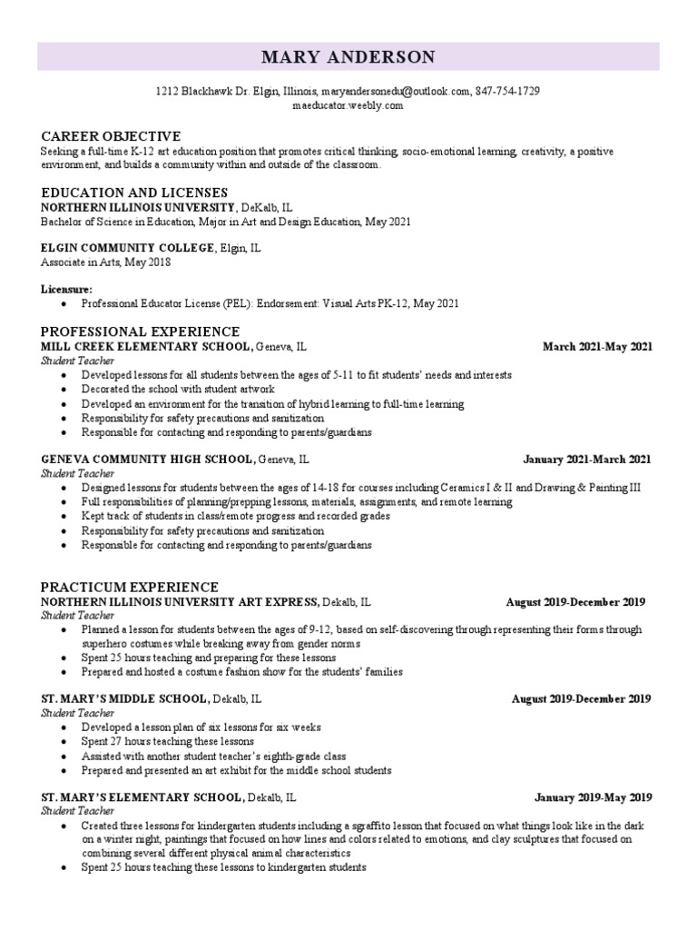 Official Mary Anderson Resume 2021 | PDF | Teachers | Teaching