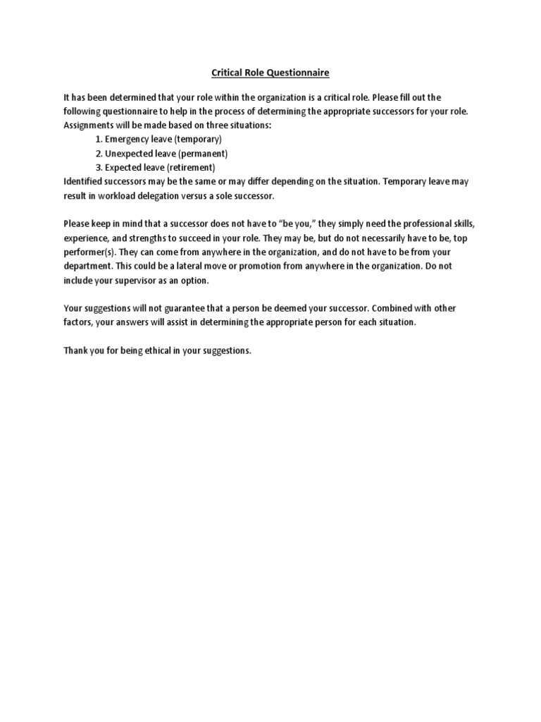 Critical Roles Questionnaire | PDF | Human Nature | Psychology