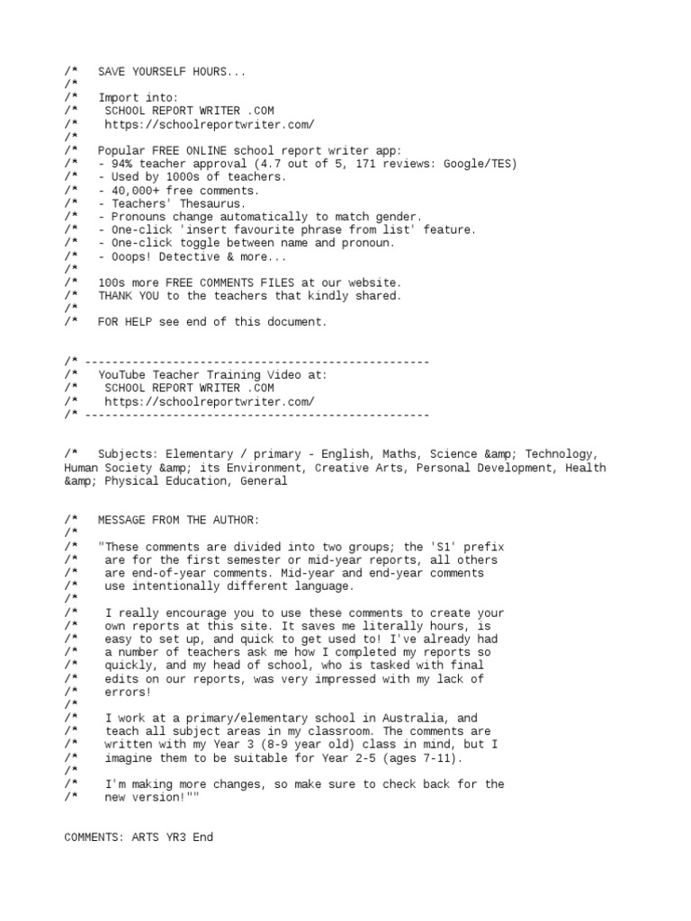 SchoolReportWriter dotCOM Comment Bank Primary-1 | PDF | Reading Comprehension | Fluency