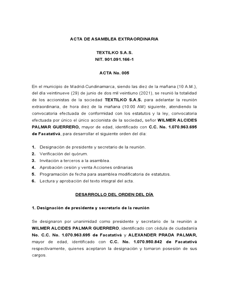 Acta de Venta de Acciones en TEXTILKO S.A.S. | PDF | Derecho