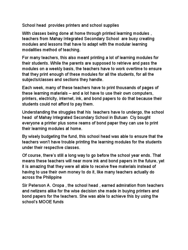 Teachers Provided With Printers Using MOOE Fund | PDF