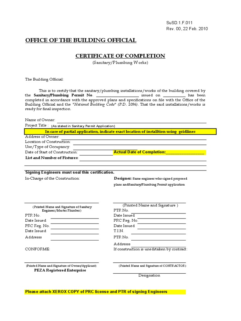 Sanitary/Plumbing Completion Certificate | PDF