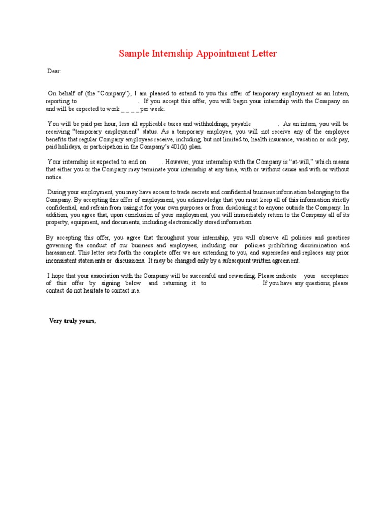 Internship Appointment Letter Template 6 | PDF