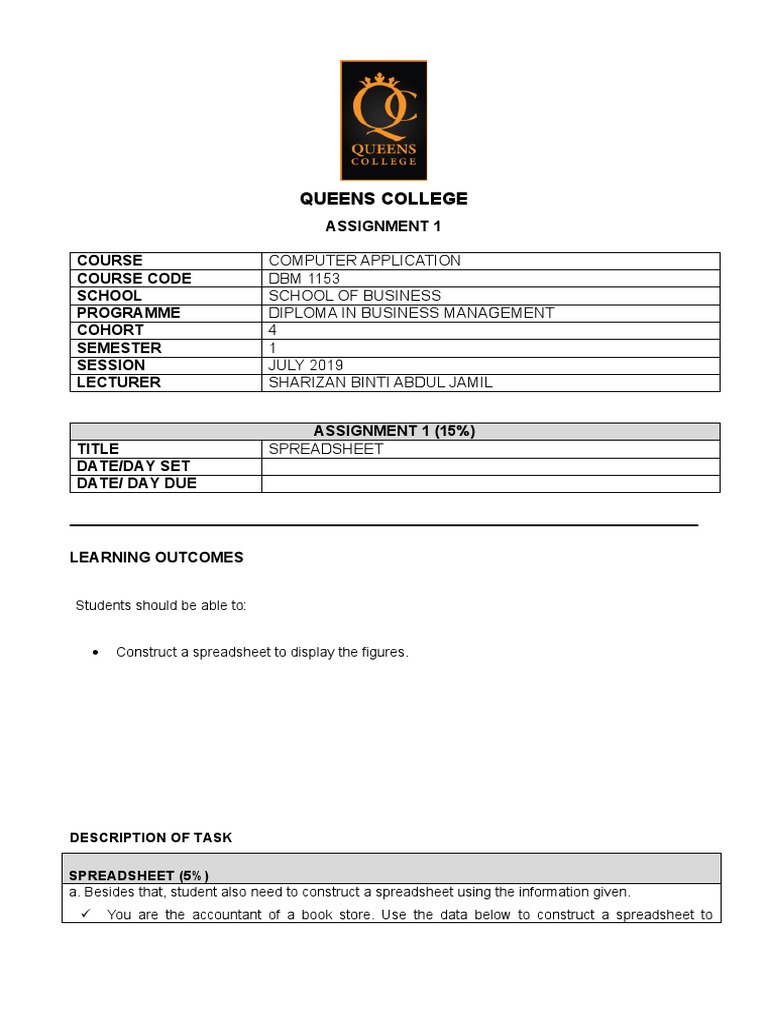 Queens College: Assignment 1 Course Course Code School Programme Cohort ...