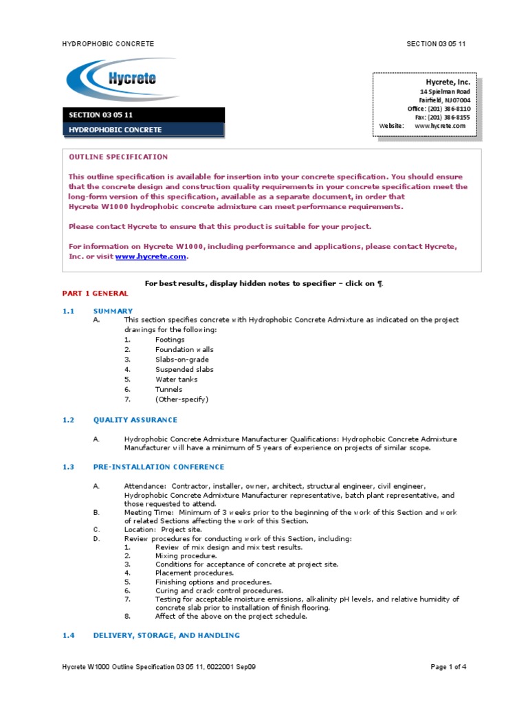 Hycrete Specifications - W1000 - SECTION 03 05 11 Outline Masterformat ...