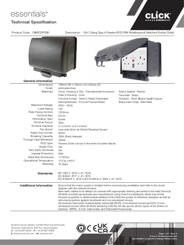 13A 2 Gang Type A Passive RCD IP66 Weatherproof Switched Socket Outlet ...