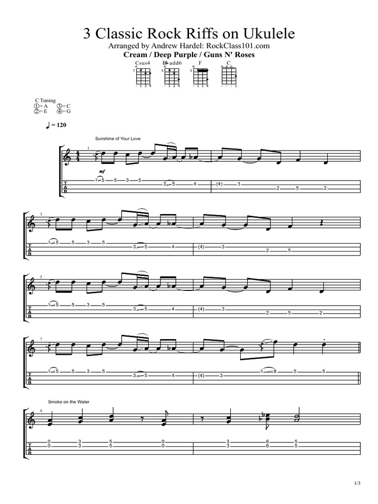 3 Classic Rock Riffs On Ukulele | PDF | Rock Music
