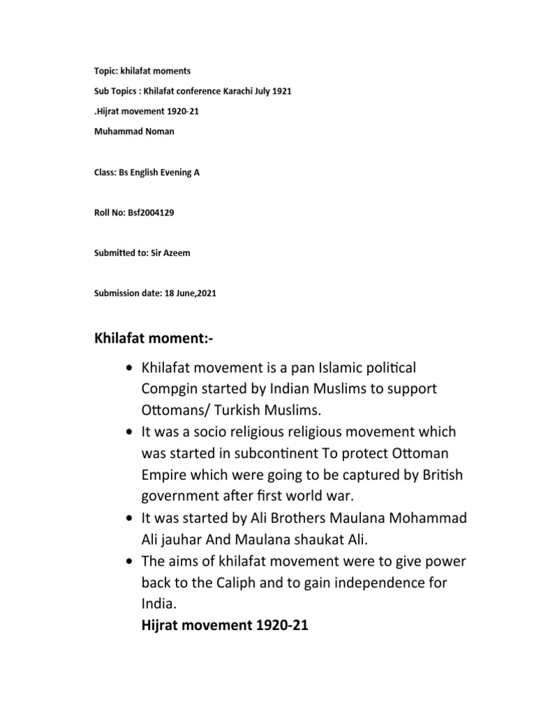 Khilafat Movement and Hijrat Movement of 1920-21 | PDF