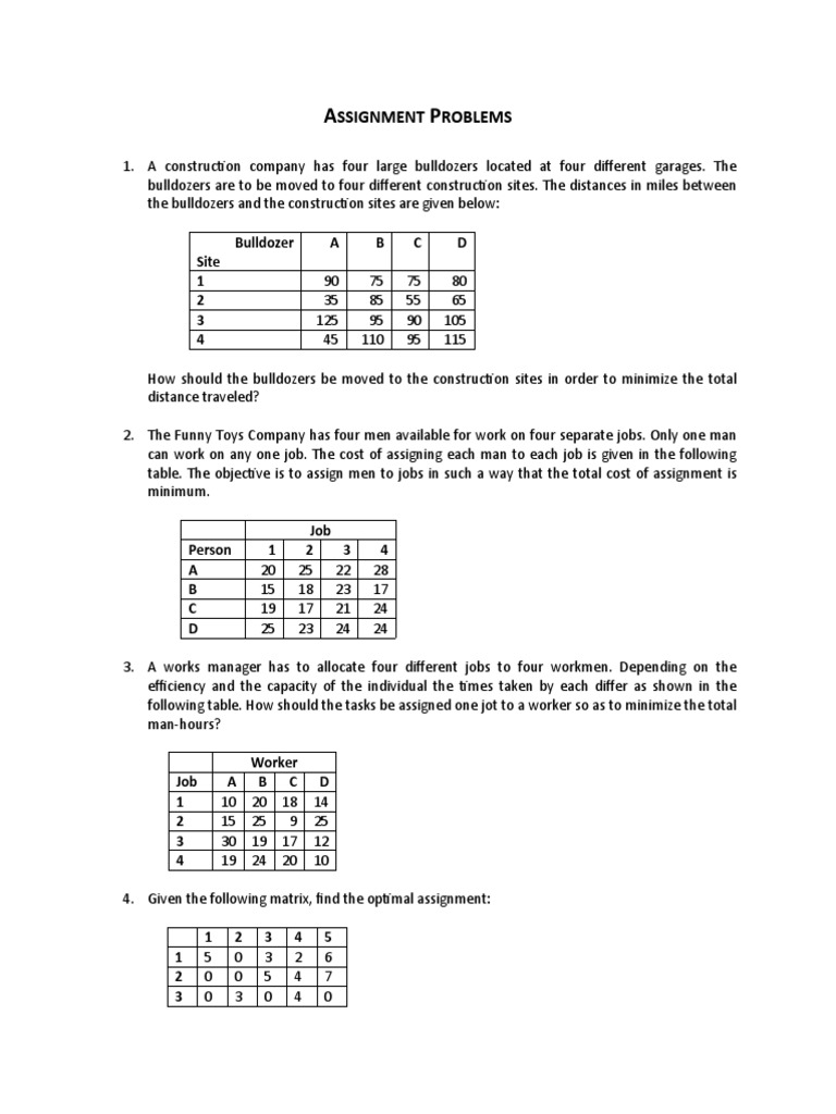 Assignment Problem Exercises | PDF | Mathematical Optimization | Cargo