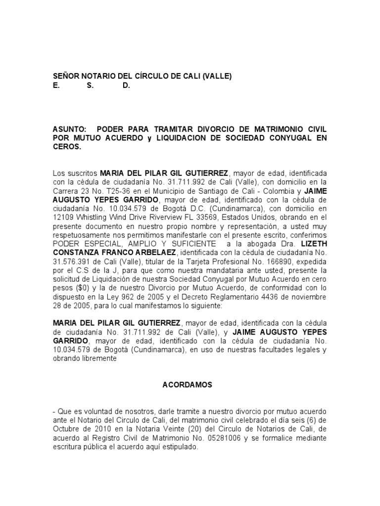 Modelo de Poder Divorcio | PDF | Divorcio | Matrimonio