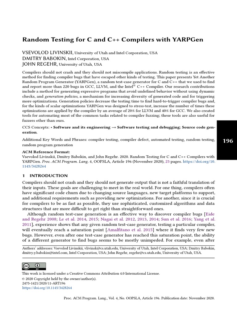 Random Testing For C and C++ Compilers With Yarpgen: Vsevolod Livinskii ...