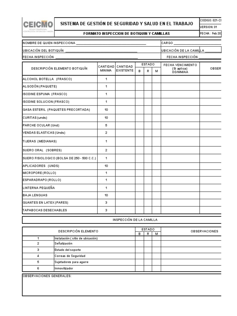 021-Cmsst-f Inspeccion de Botiquin y Camilla | PDF | Bienestar | Medicina