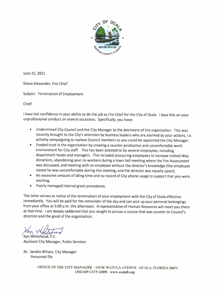 Ocala Fire Chief Termination Letter | PDF