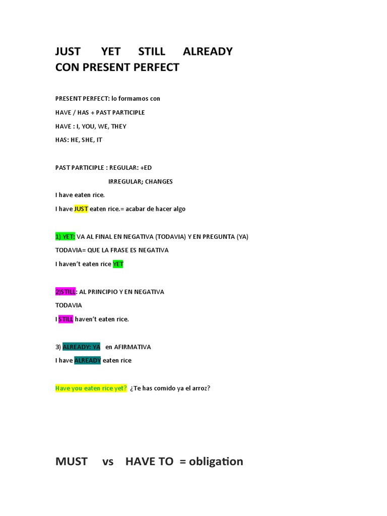 Present Perfect Con Just Still Already Yet | PDF