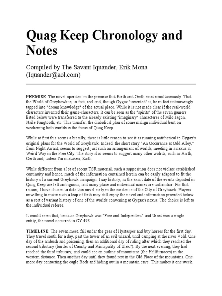 Quag Keep Chronology and Notes | PDF