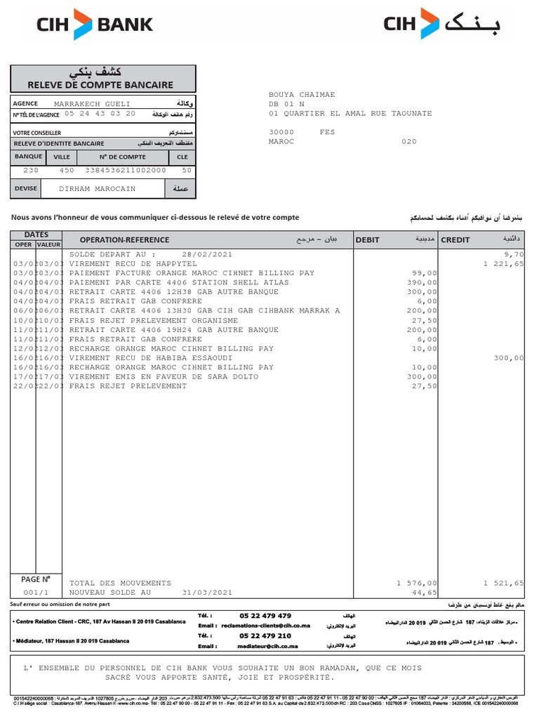 Relevé de Compte CIH Mars 2021 | PDF | Guichet automatique bancaire | Maroc