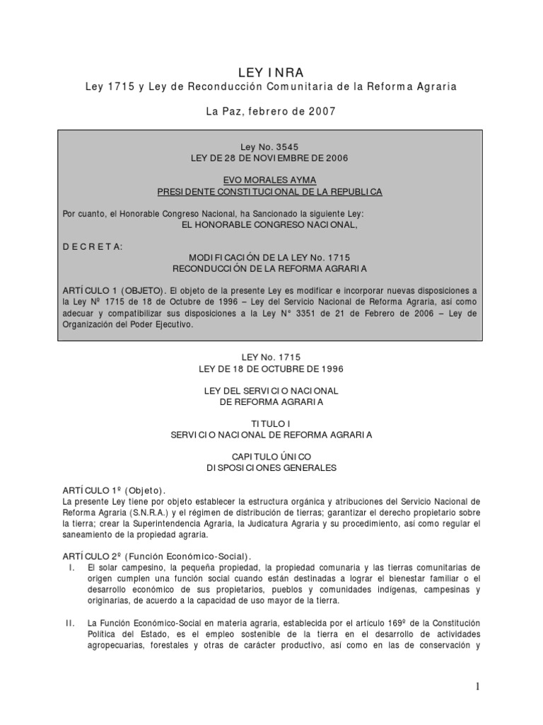 Ley INRA Ley 1715 y Ley 3545 de Reconduccion Comunitaria de La Reforma ...