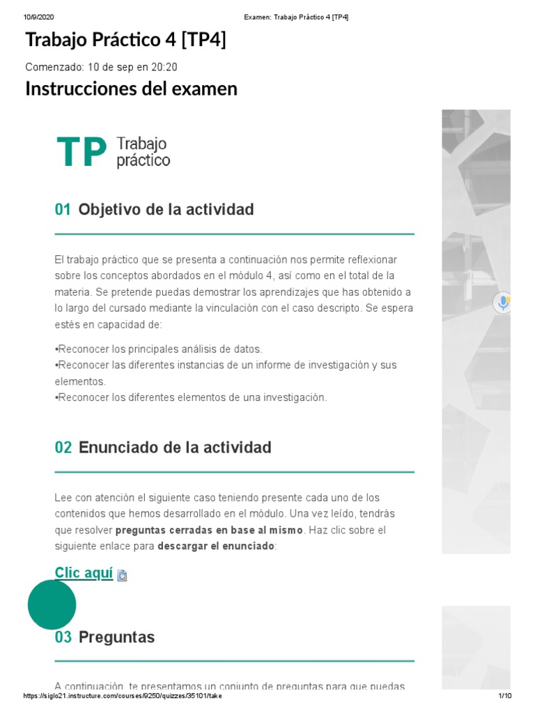 Examen - Trabajo Práctico 4 (TP4) Metodos y Tec | PDF | Prueba (evaluación) | Metodología