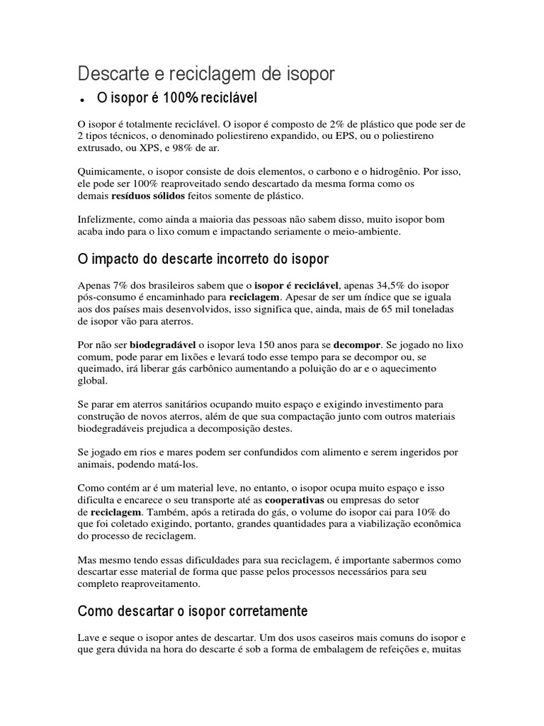Descarte e Reciclagem de Isopor: Guia Completo | PDF | Reciclagem ...