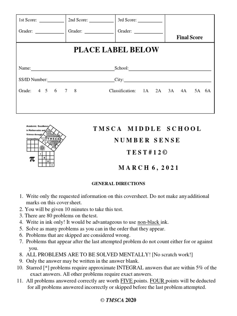 Place Label Below: Tmsca Middle School Number Sense TEST#12© M A R C H ...