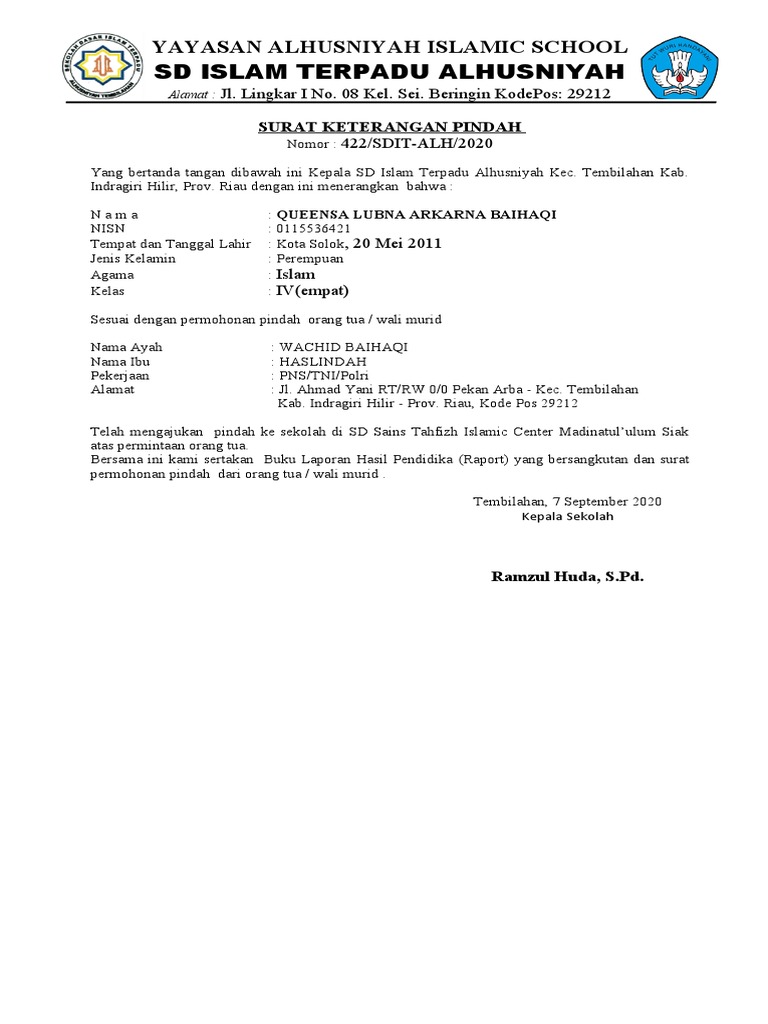 Surat Pindah Siswa Pdf