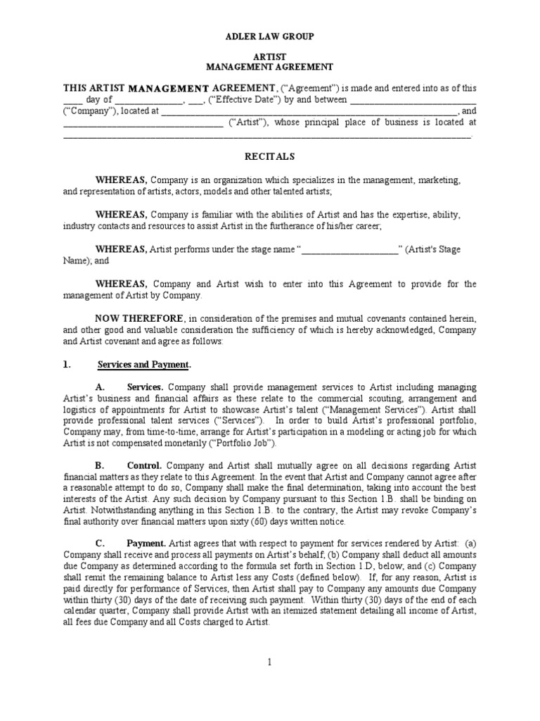 Model-Artist Management Agreement | PDF | Indemnity | Business Law