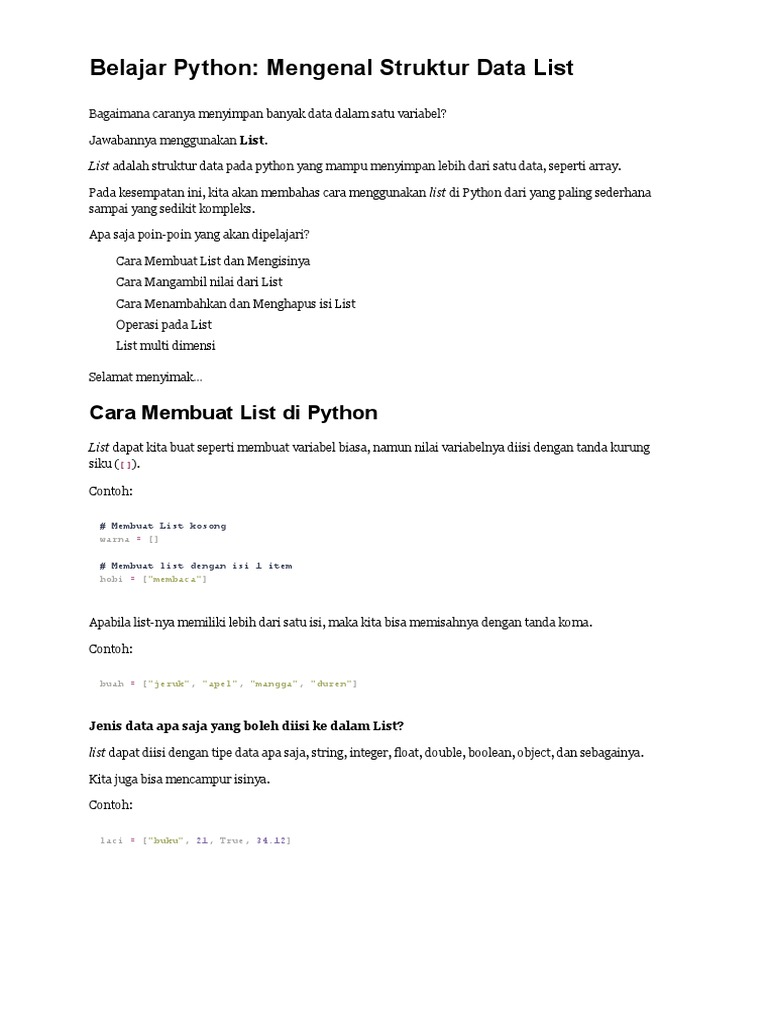 Belajar Python - Mengenal Struktur Data List | PDF