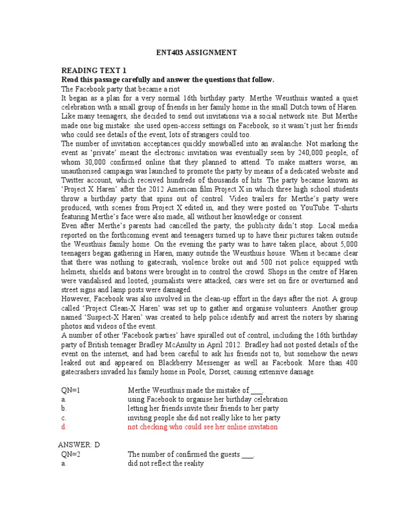 Ent403 Assignment Reading Text 1 Read This Passage Carefully and Answer The Questions That ...